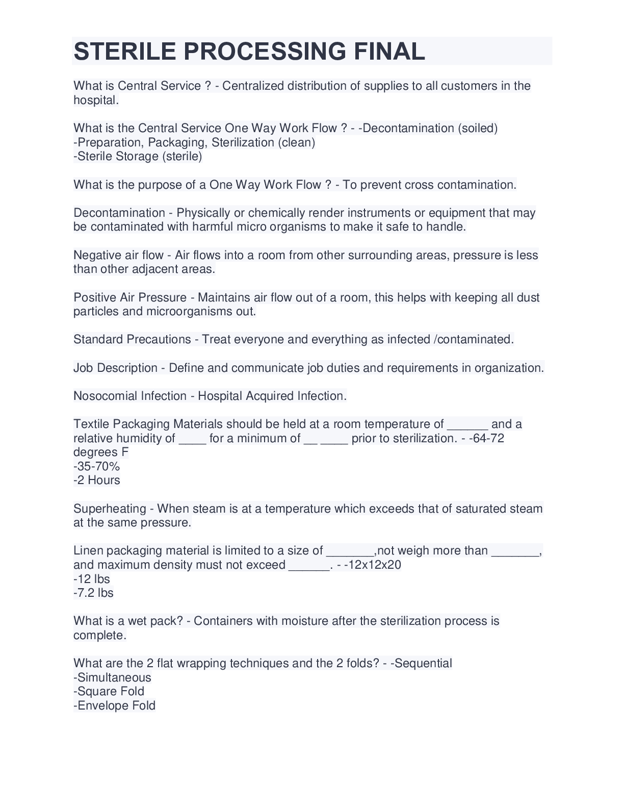 STERILE PROCESSING FINAL - Scholarfriends